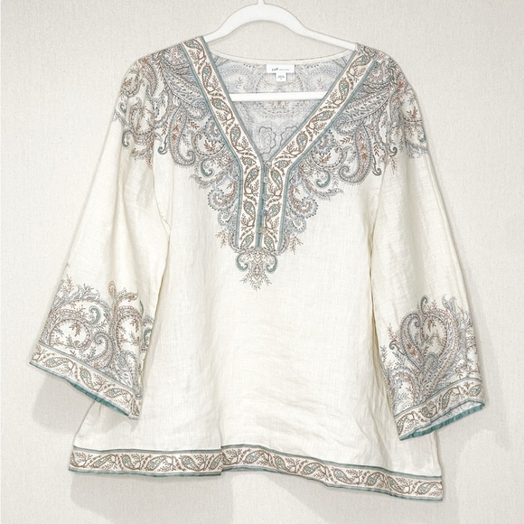J. Jill | Tops | Jjill Love Linen Ornate Paisley Boho Top Cream Abalone ...